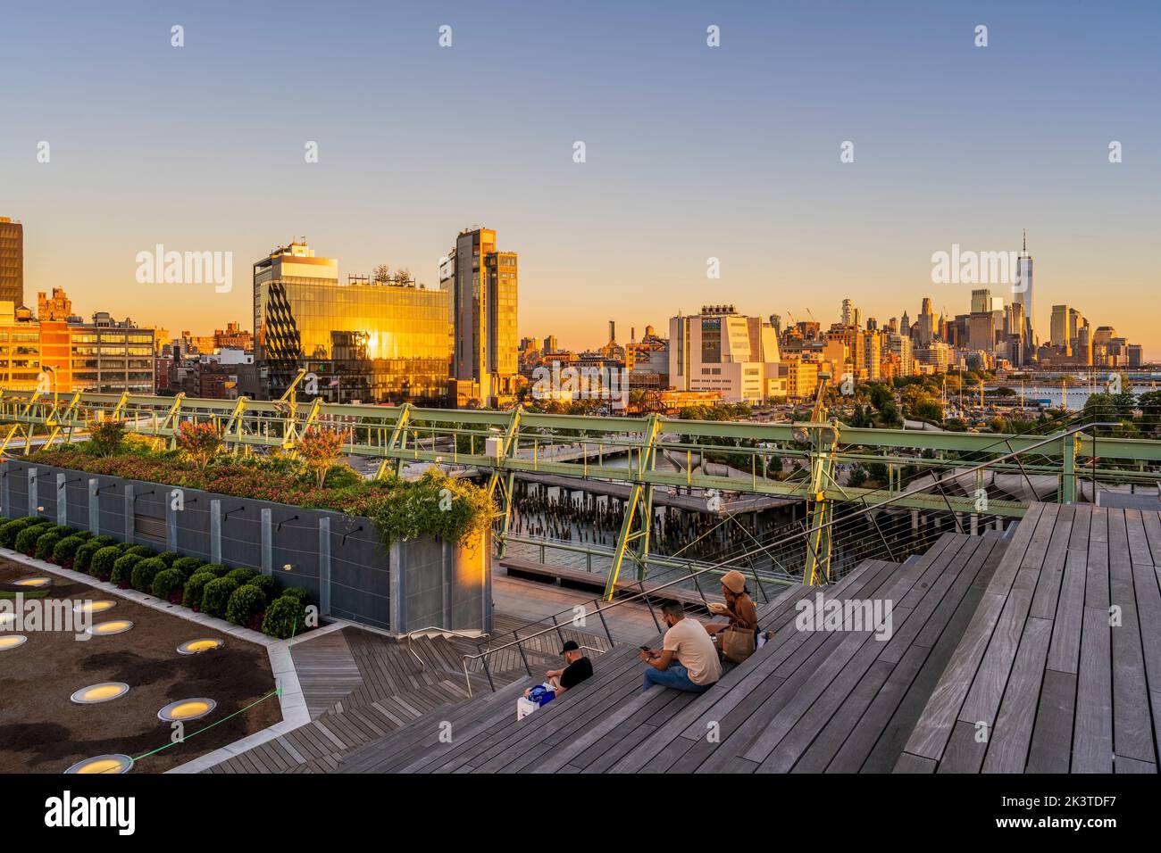 Pier 57 Rooftop Park at sunset, Manhattan, New York, USA Stock Photo ...