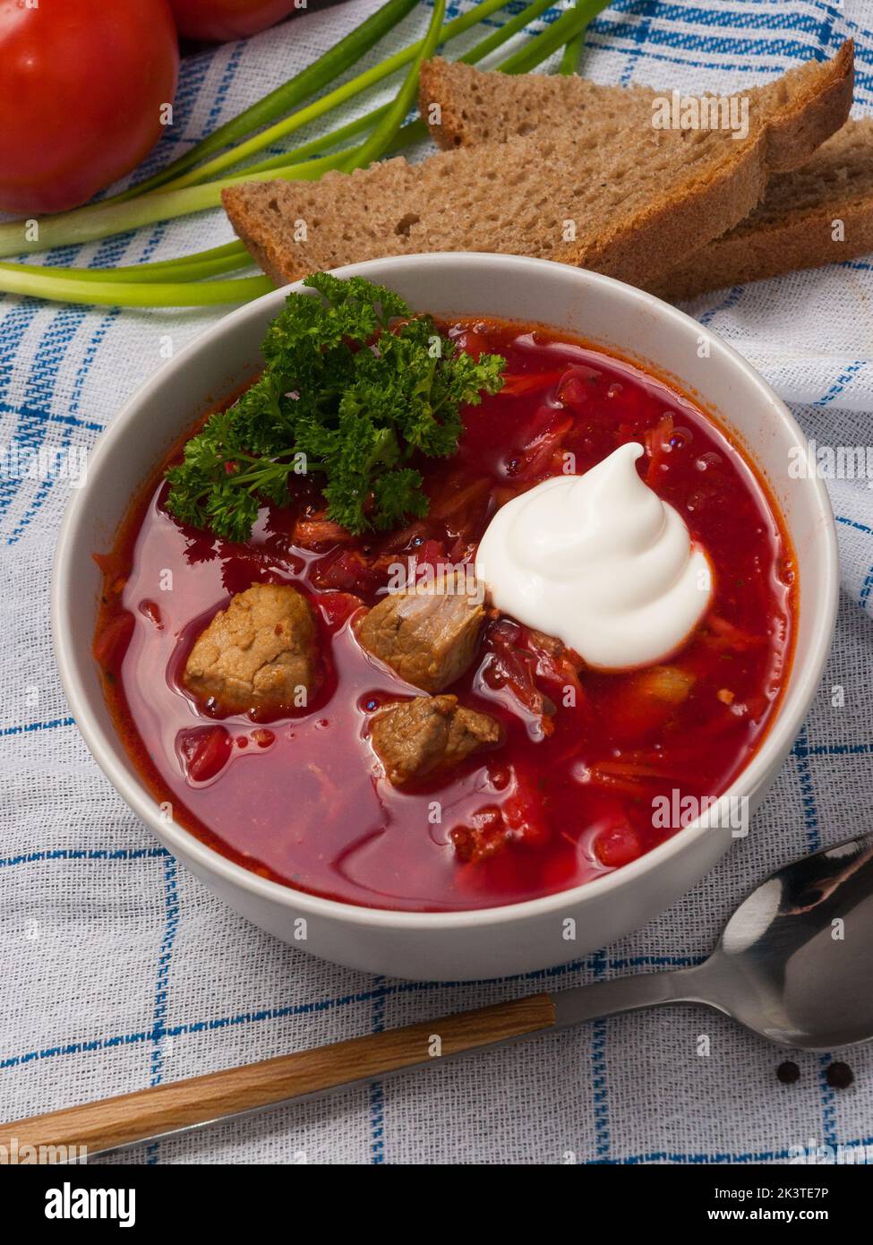 Traditional Ukrainian soup with beef. Served with sour cream Stock ...