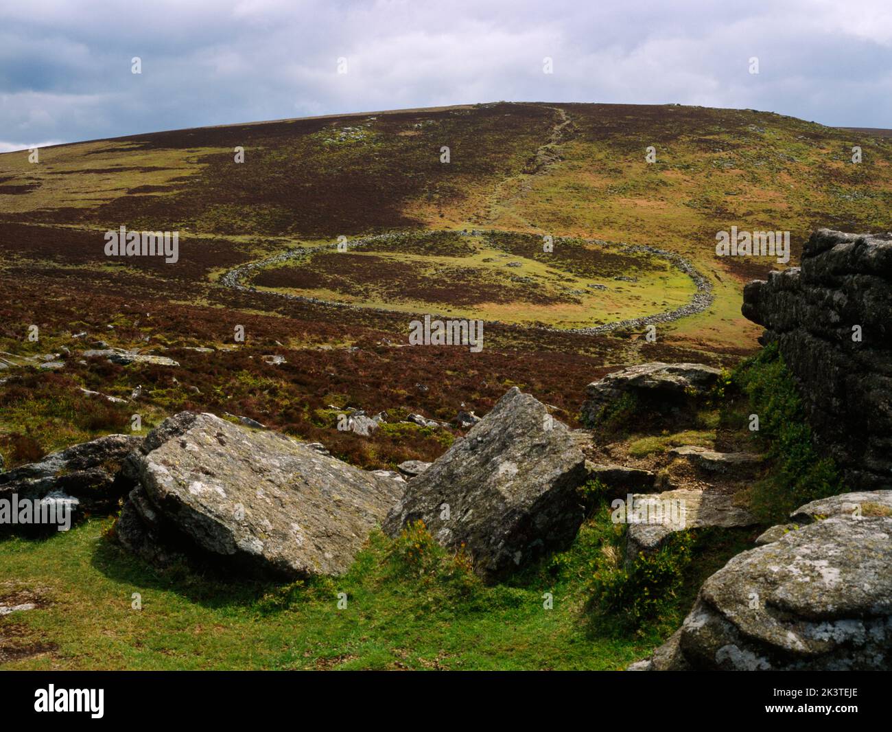 Grimspound Bronze Age Settlement seen from the rocks of Hookney Tor ...