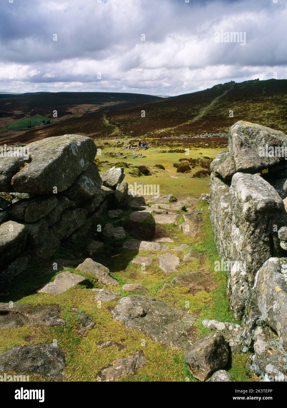 Grimspound Bronze Age Settlement looking in through south east entrance ...
