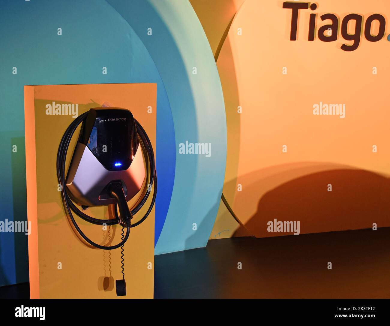 Tata Tiago electric charger is displayed during the launch. The company ...
