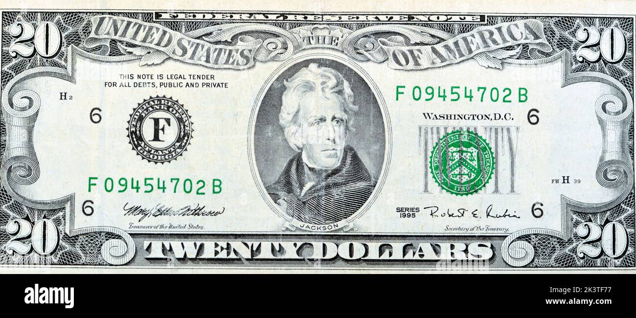 Large fragment of the Obverse side of 20 twenty dollars bill banknote ...