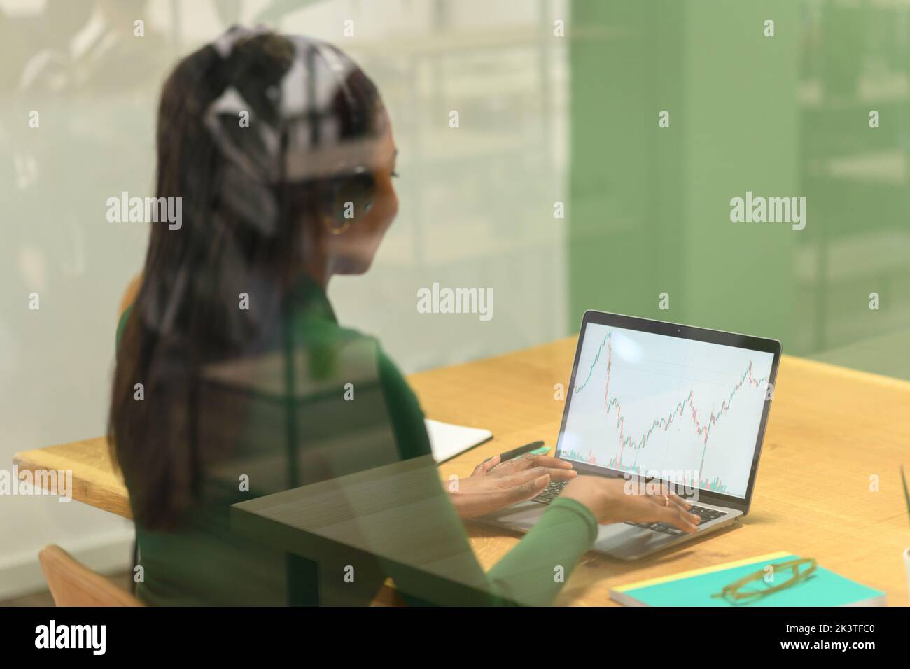 Back view of multiracial ethnic woman or female freelancer sitting at ...