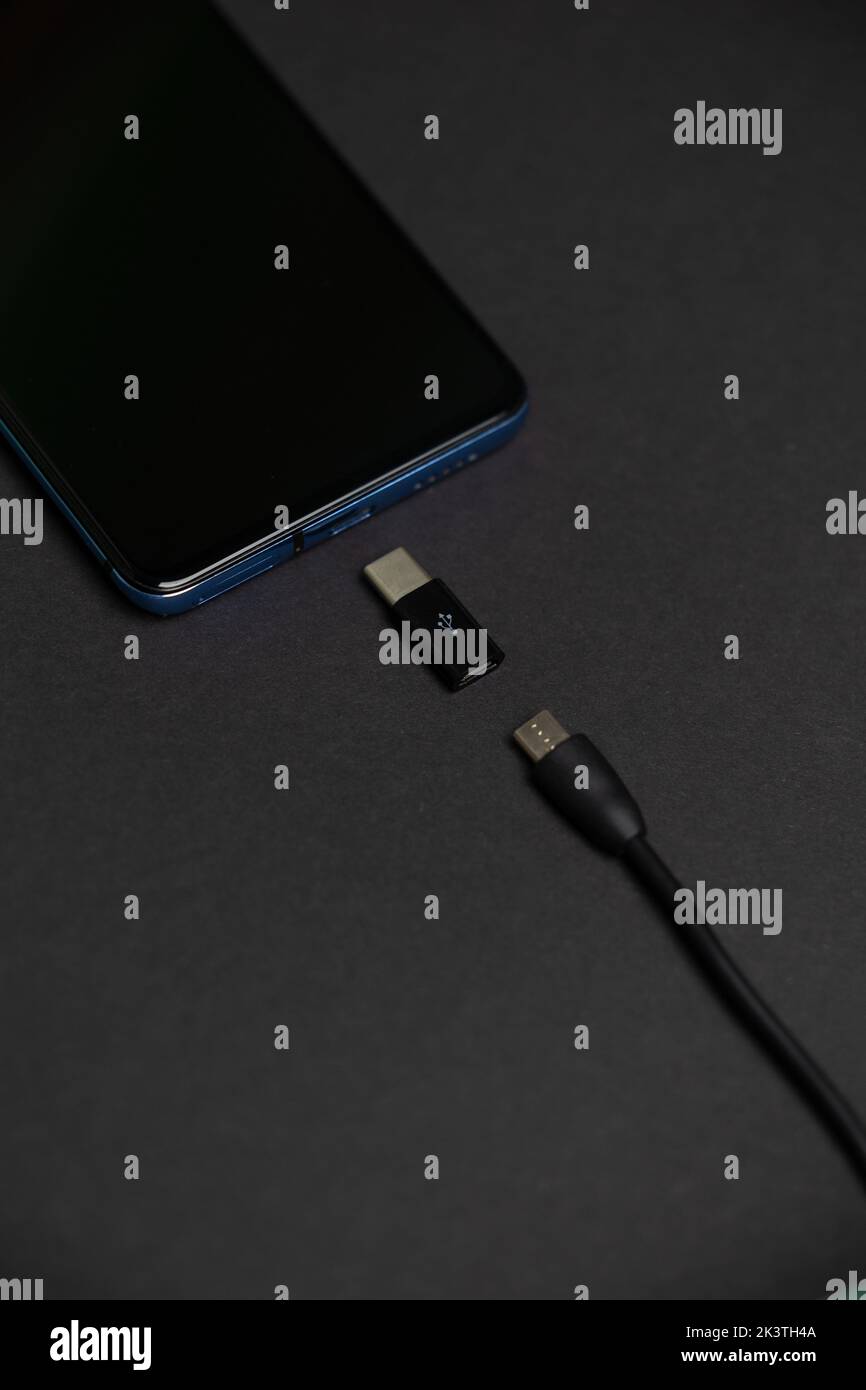 Phone with USB Type C and Micro USB to Type C adapter and cable on ...