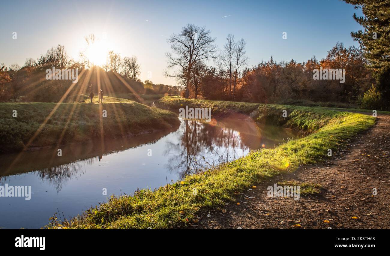 River landscape with hiking trail at sunset Stock Photo - Alamy