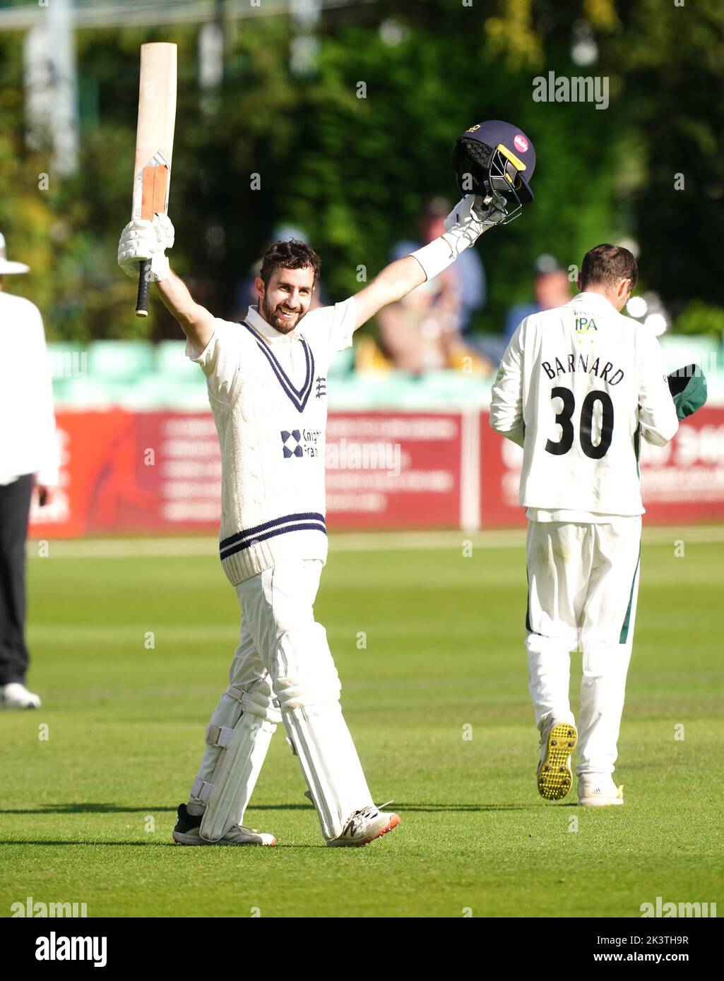 Middlesex's Stephen Eskinazi celebrates after getting a century during ...
