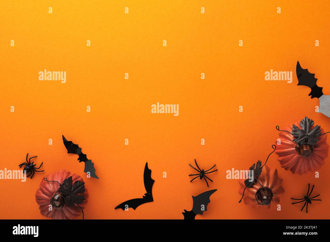 Halloween background. Flock of black bats, spider, pumpkin, skeleton ...