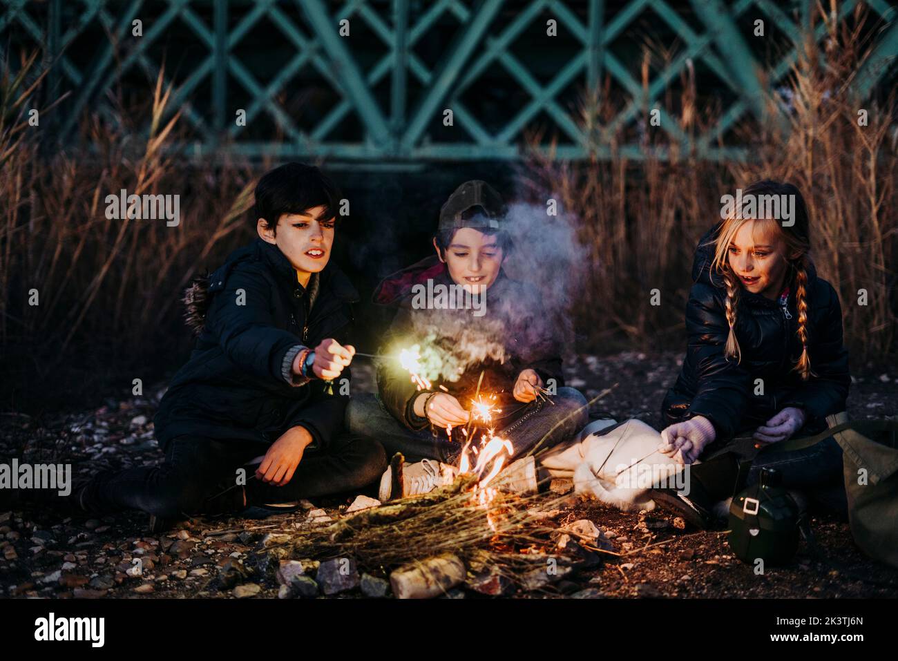 group of young friends with sparkles burning a wood fire Stock Photo ...