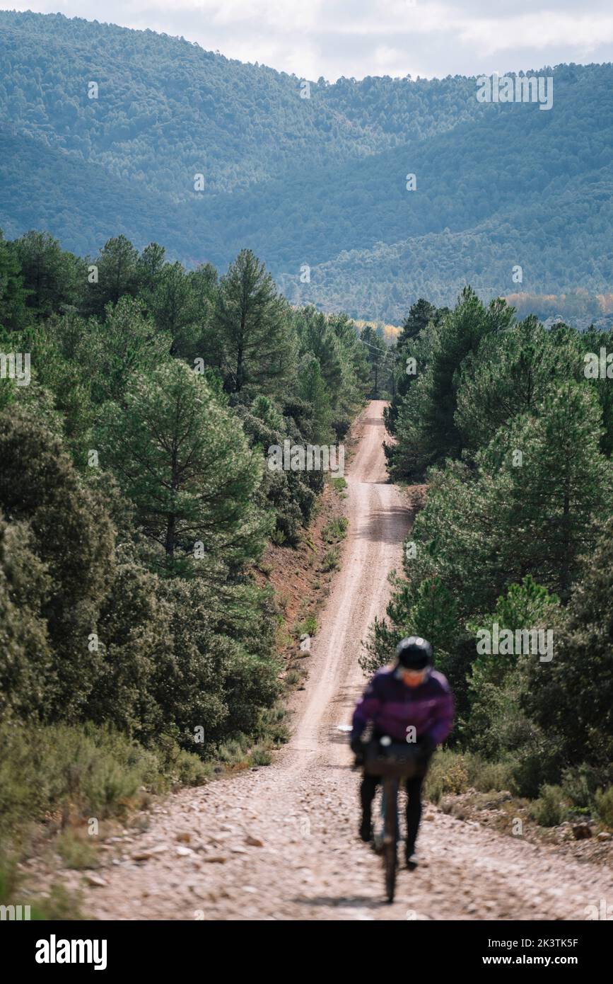 Breathtaking view of nature and cyclist riding on winding road ...