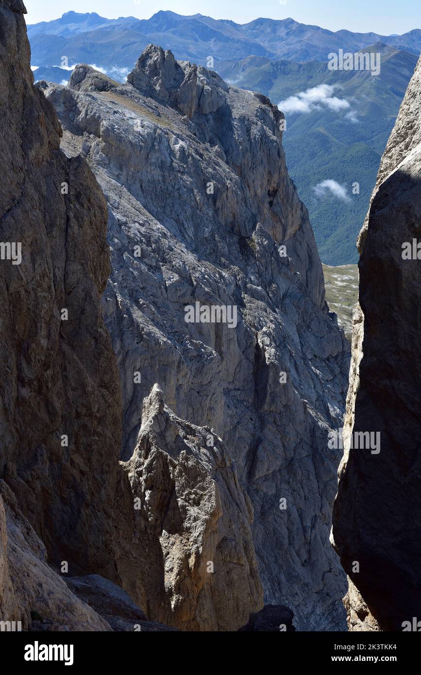 A narrow chasm en route to the summit of Pena Vieja, Picos de Europa ...