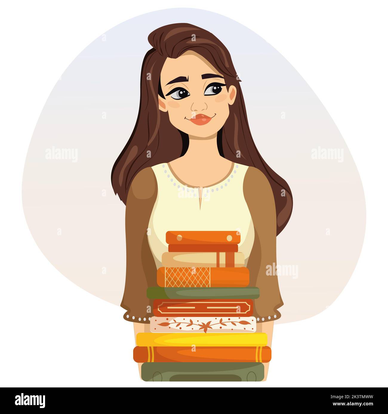 beautiful girl holding books in her hands. cozy and warm illustration ...