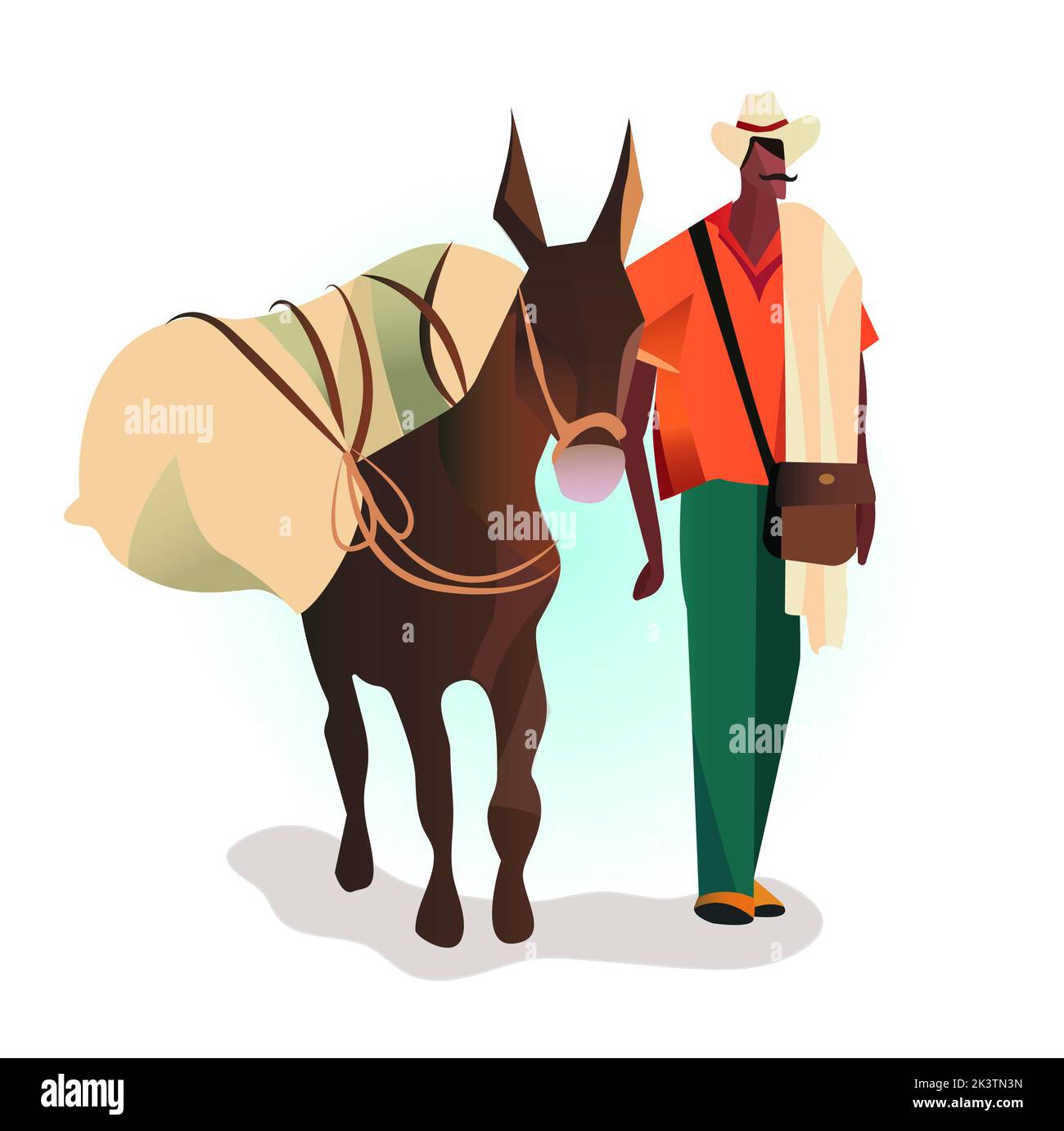 Donkey horse and farmer wearing rustic clothes holding hat. Livestock ...