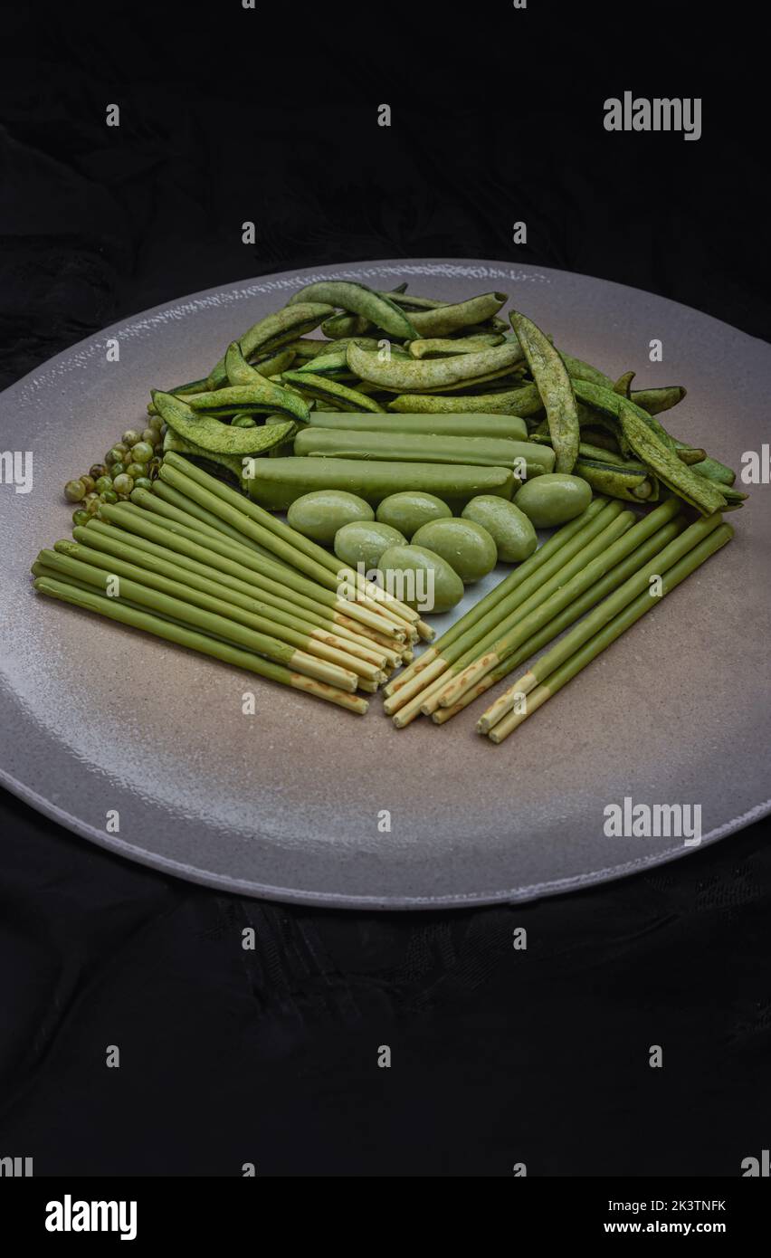 Composition of green snacks in assortment with different tastes and ...