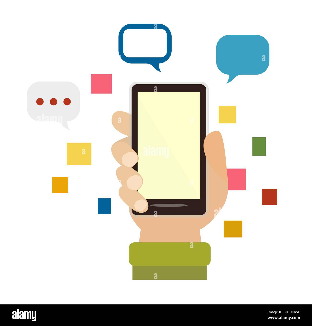 Hand of person hold cellphone text message online with diverse friends ...