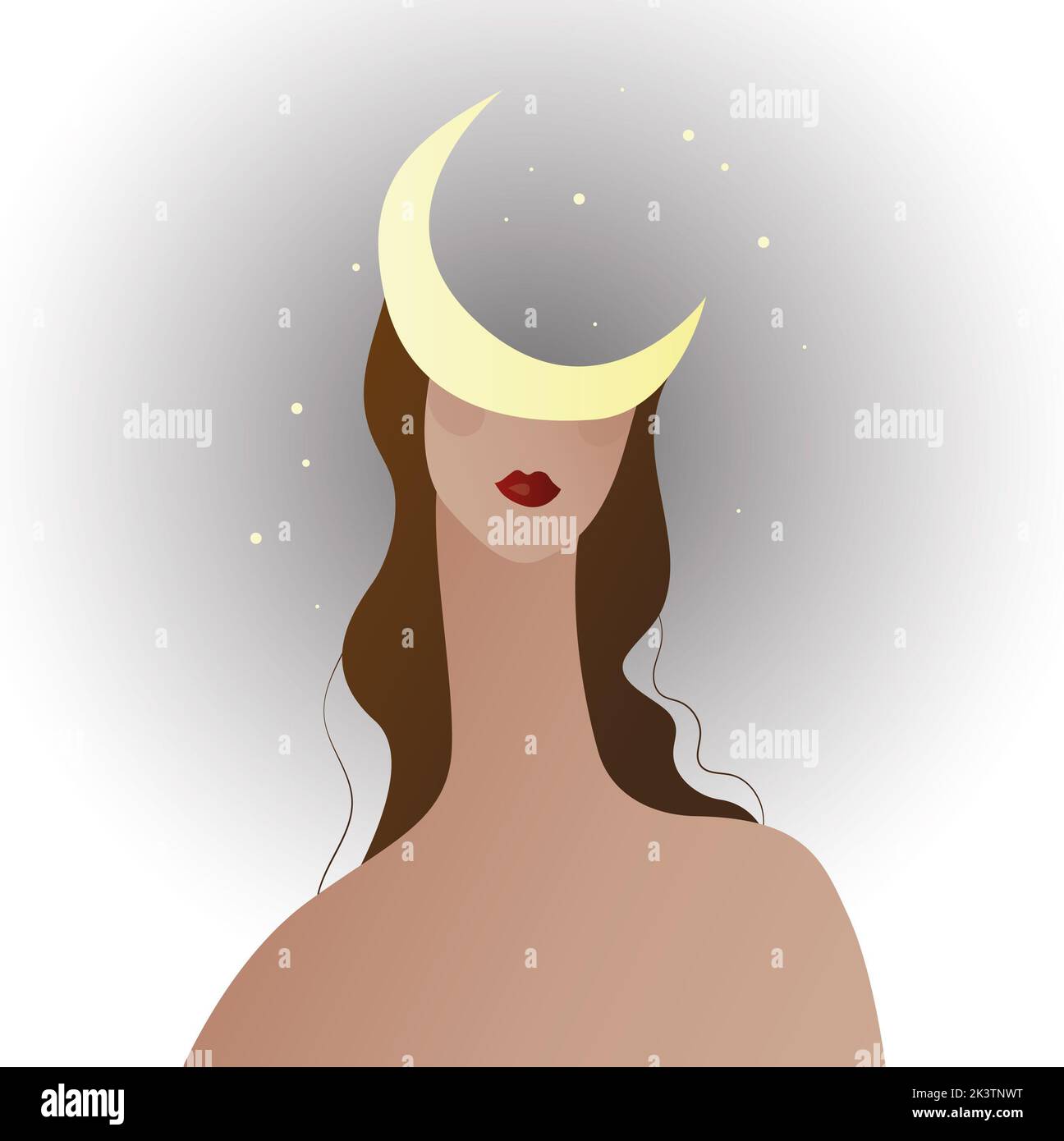 Young pretty woman stands with moon on her head and stars shining ...