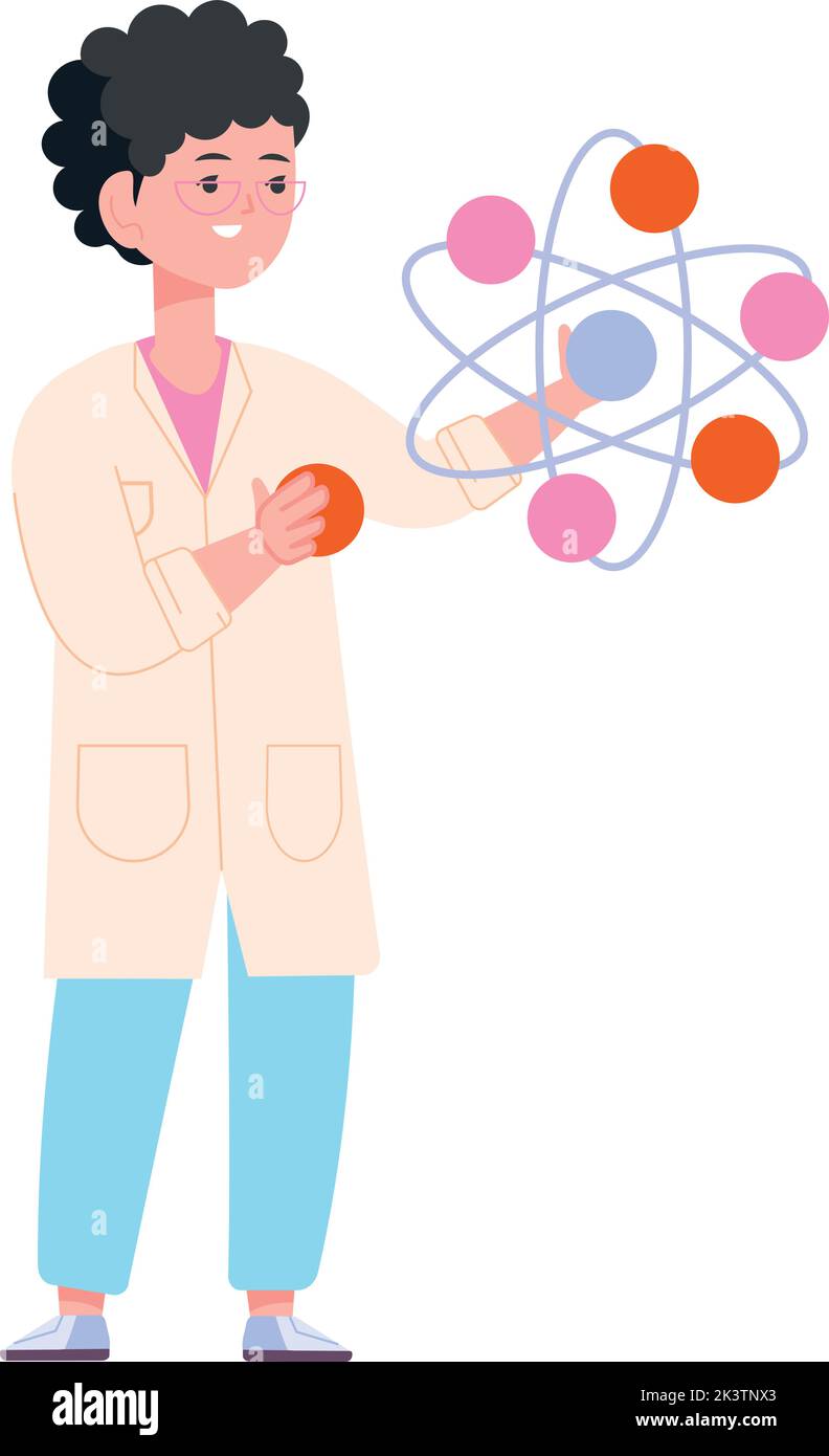 Kid studying atomic model. Scientist boy learn physics isolated on ...