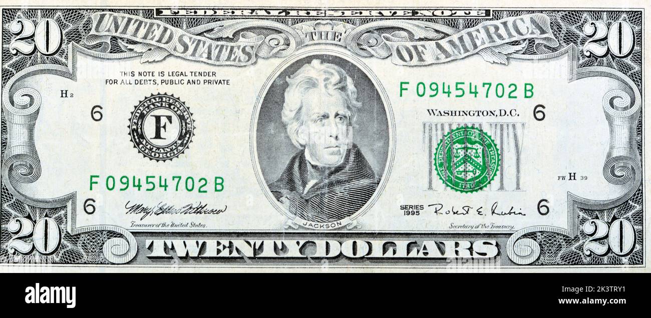 Large fragment of the Obverse side of 20 twenty dollars bill banknote ...