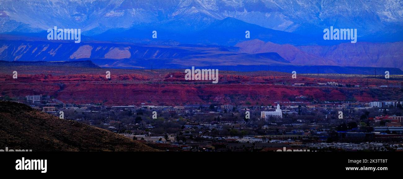 View of St. George Utah valley with Mormon LDS Temple red rocks and ...