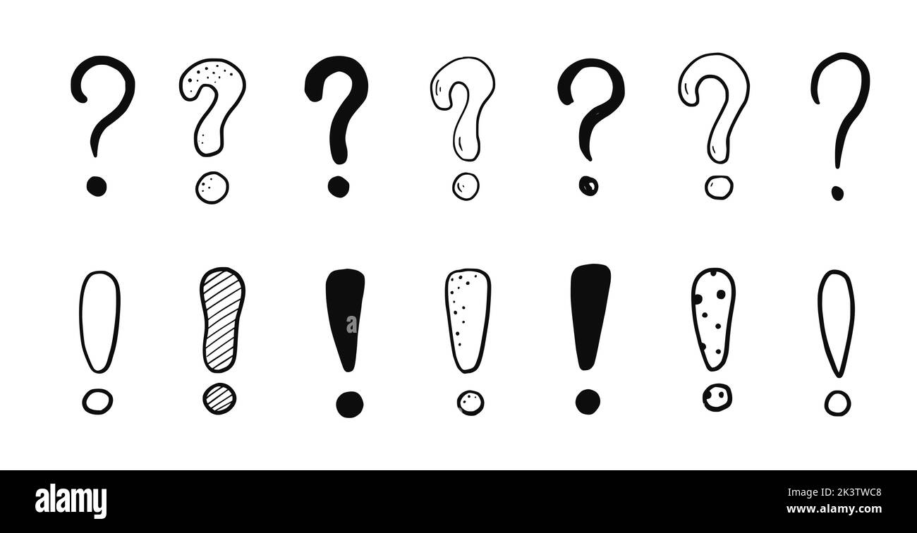 Doodle exclamation point and question sign mark set. Hand drawn sketch ...