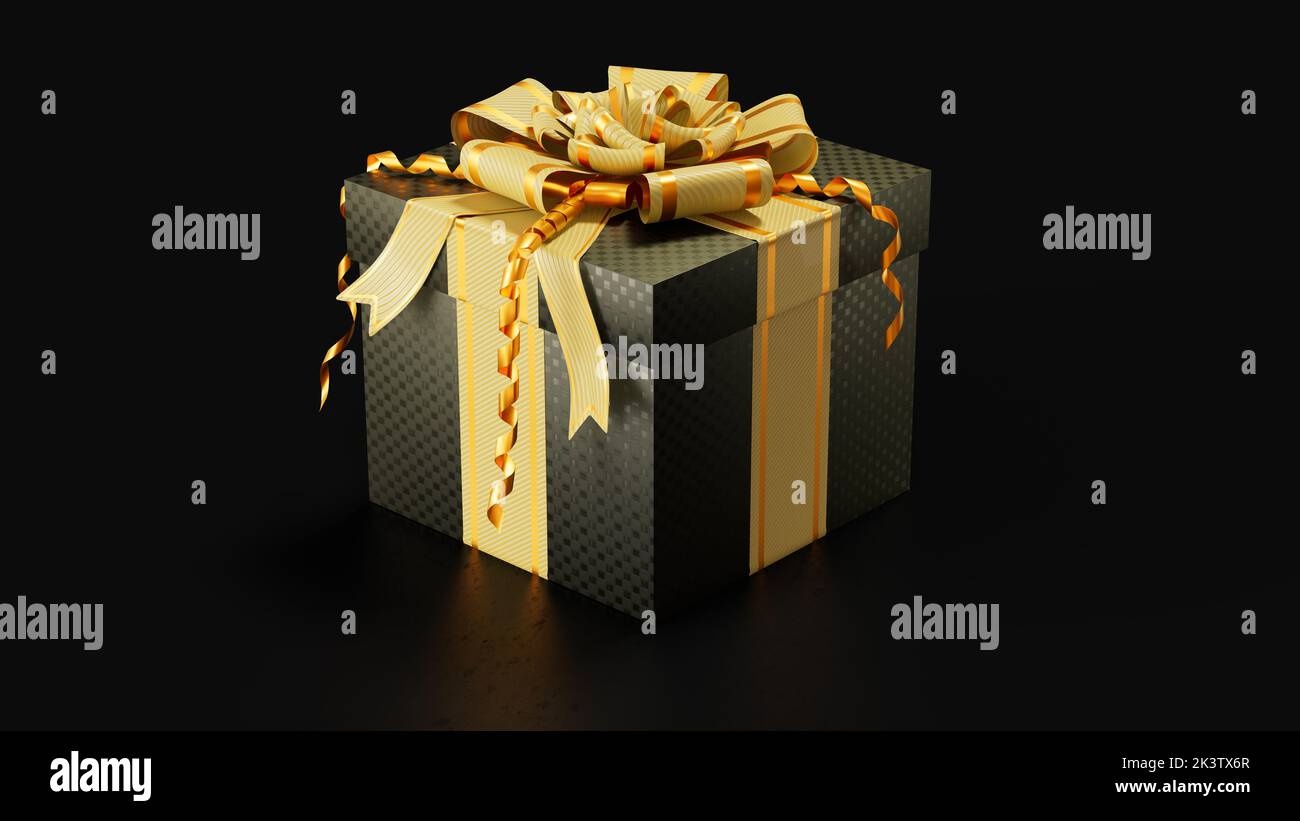 goldish - black beautified present box on black, isolated - object 3D ...