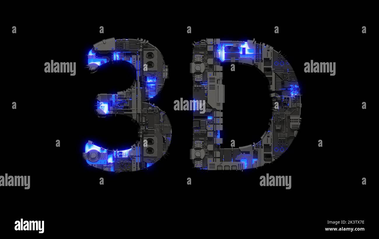 modern cybernetic text 3D shining blue electrical light, isolated ...