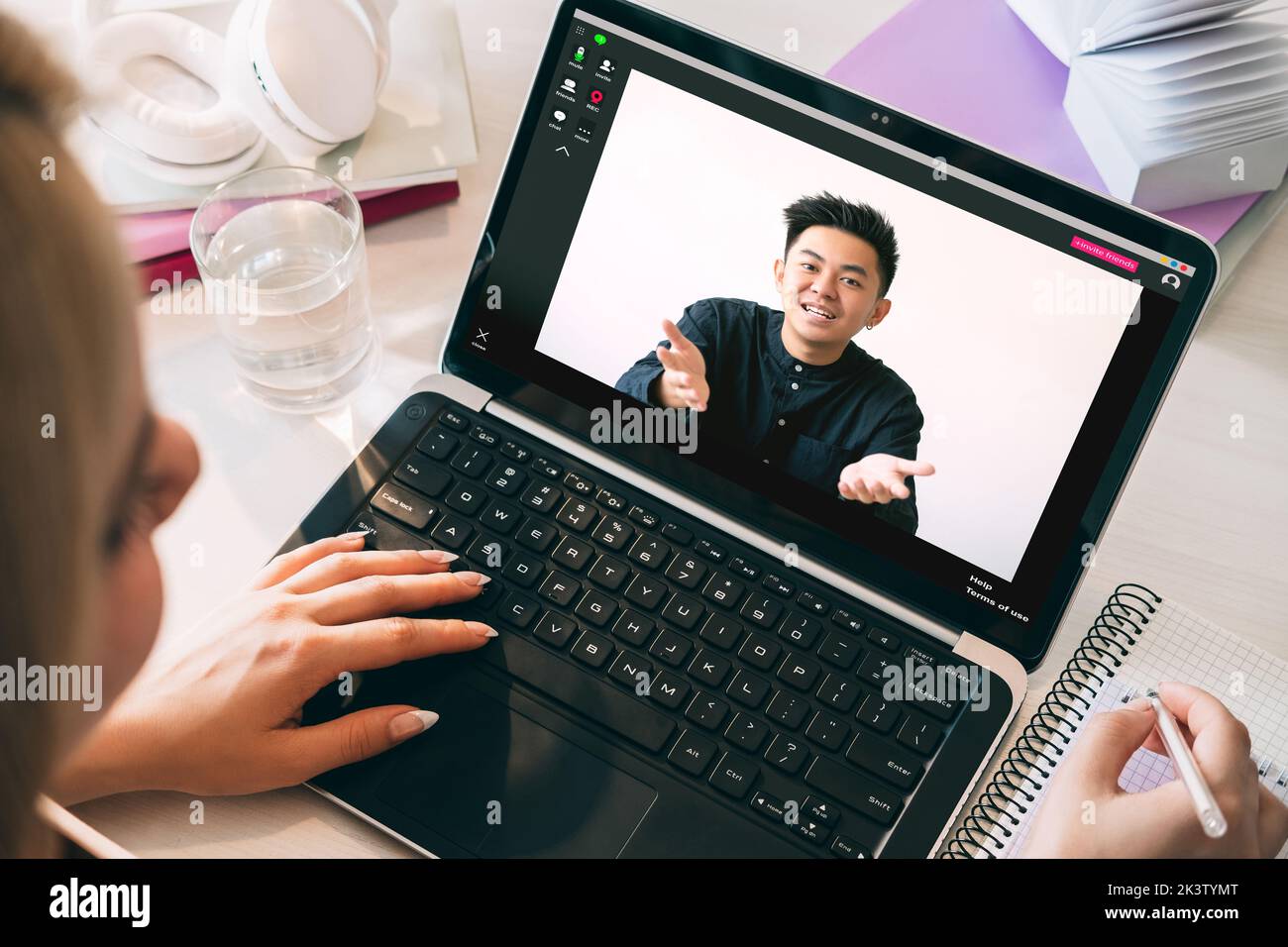 Video conference. Web chat. Remote job. Pandemic WFH. Woman listening ...