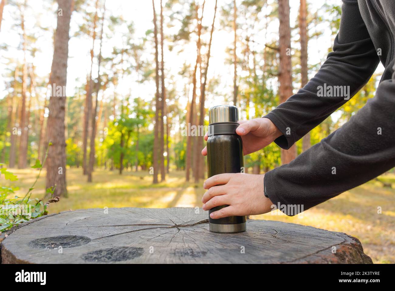 Hiker opens a black thermos bottle placed on a large tree stump. Coffee ...