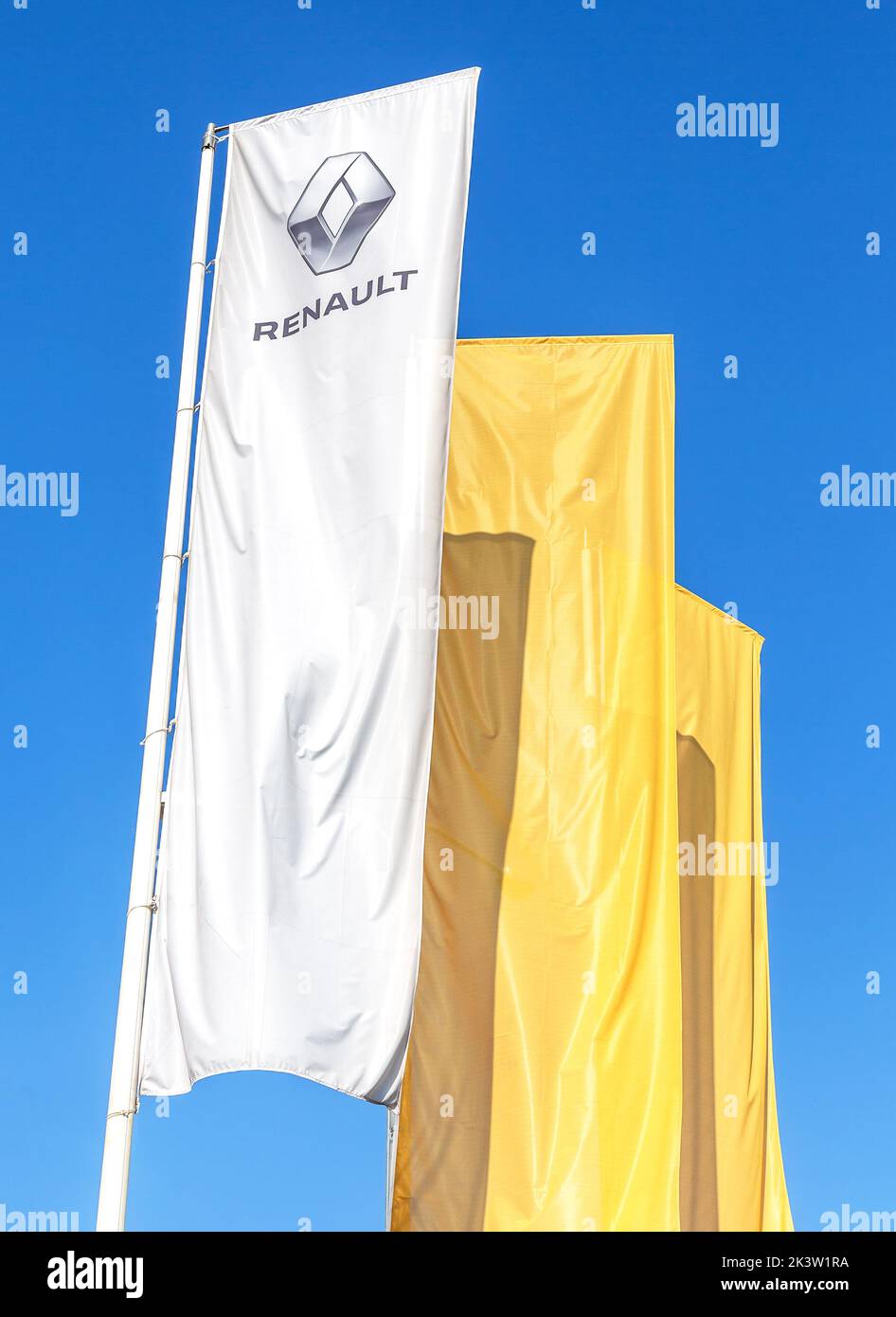 Samara, Russia - August 26, 2022: Dealership flags of Renault against ...