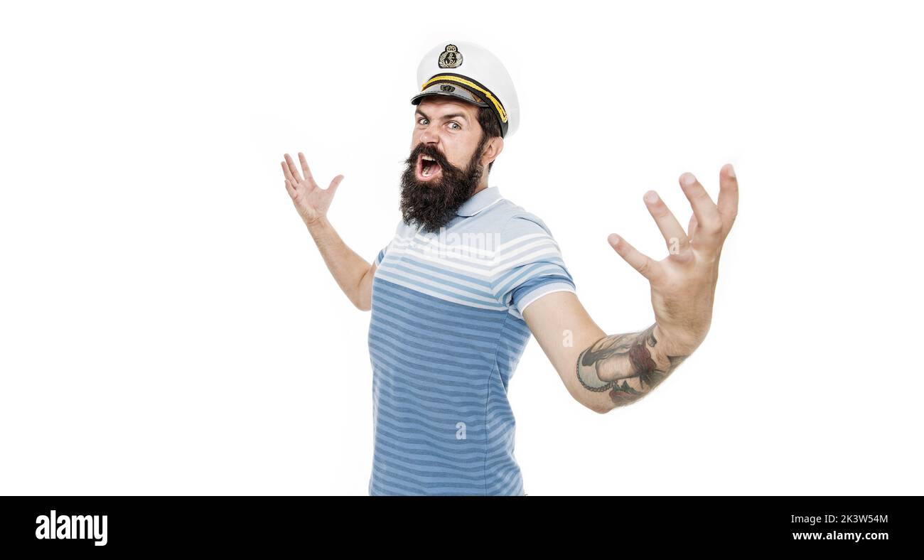 Sea gives me wings. Brutal sailor roar command. Sea captain isolated on ...