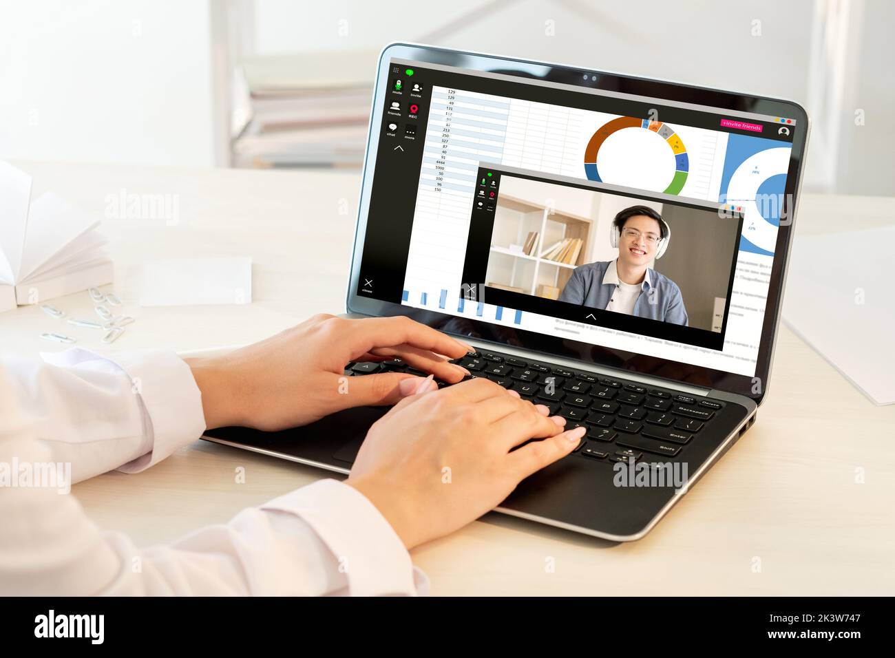 Web chat. Digital conference. Online meeting. Pandemic WFH. Woman ...