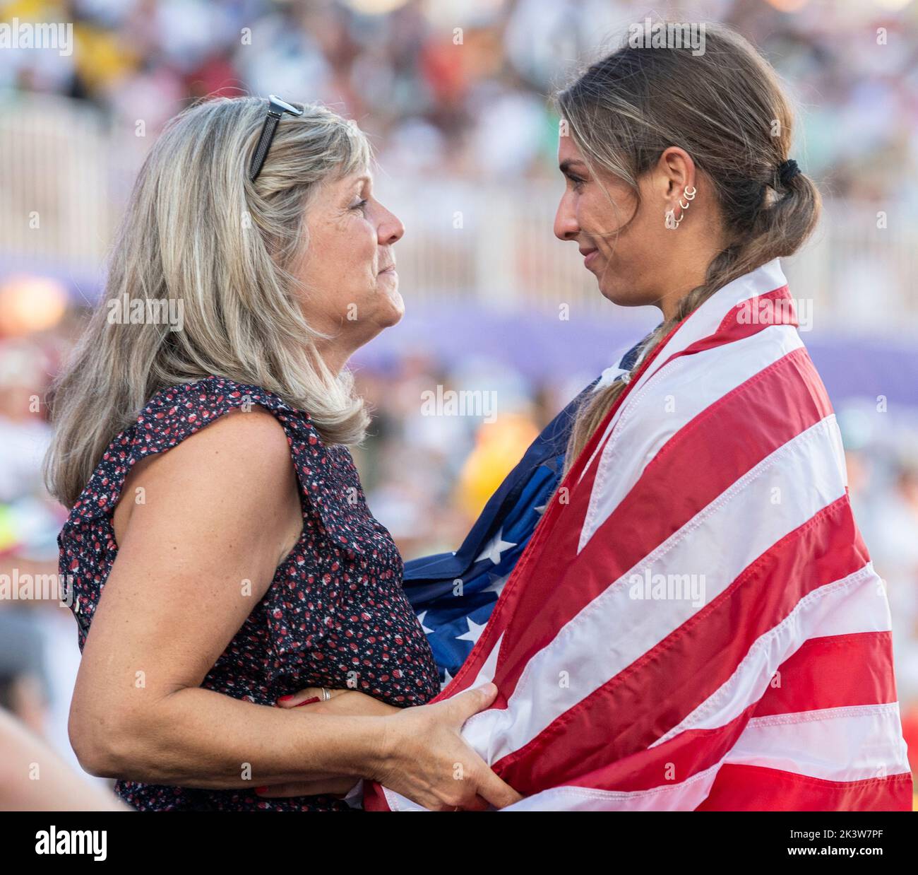 Valarie Allman of the USA getting a hug from mum Lisa for winning the ...