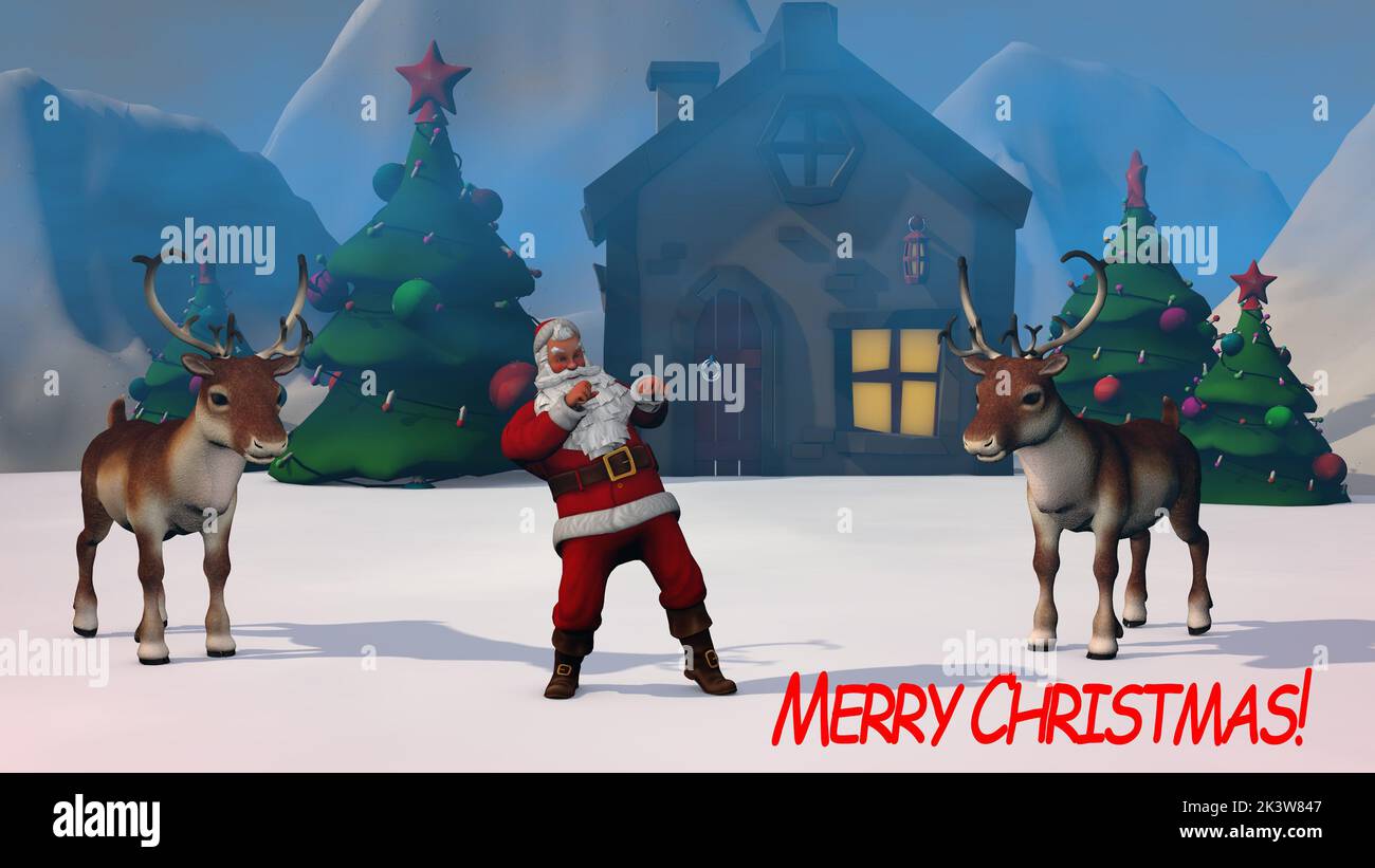 Merry Christmas deer and rural landscape. 3D rendering Stock Photo - Alamy