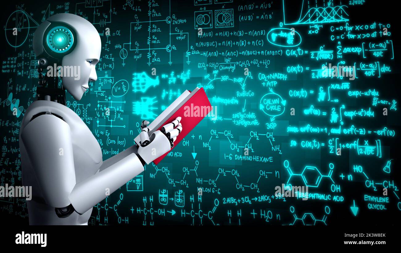3D rendering of robot hominoid reading book and solving math data analytics in concept of future ...