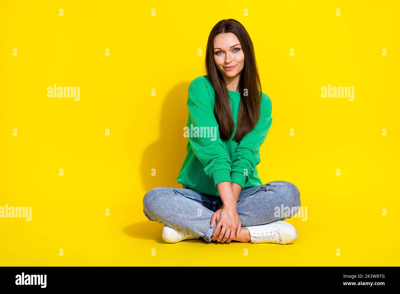 Full size photo of pretty young girl sitting crossed legs clothes promo ...
