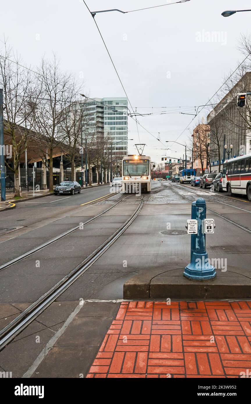 Light-rail Tri-Met Max as viewed from red-brick passenger island on SW ...
