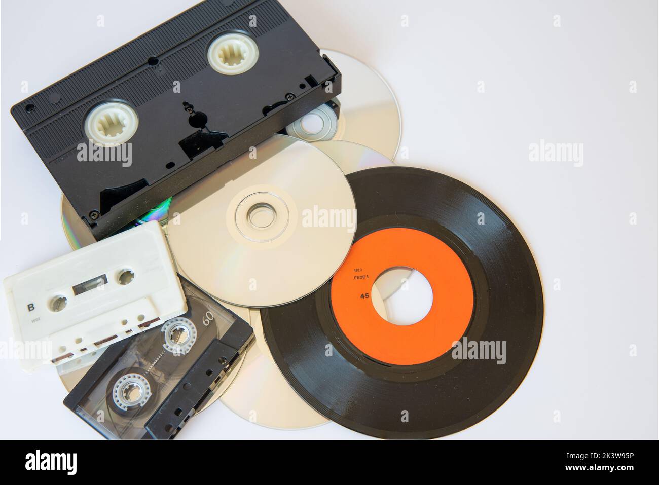 A closeup of VHS cassette, compact disc, audio cassette tape, vinyl ...