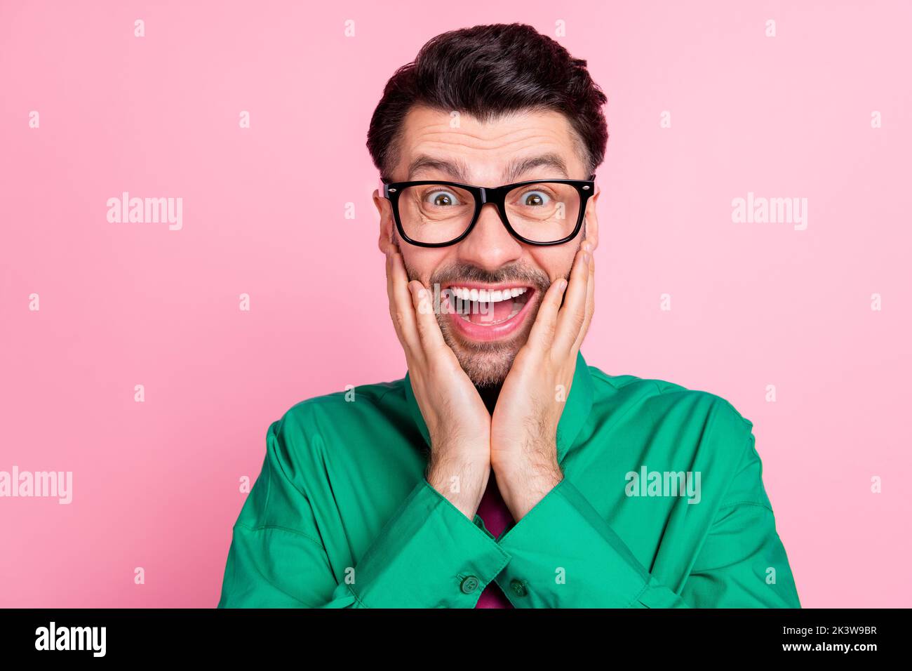 Closeup photo of young nervous guy touch hands head shock happy ...