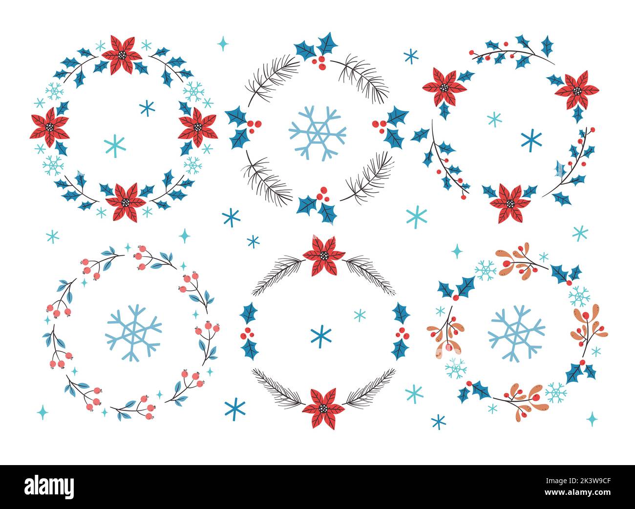 Winter wreath collection. Six seasonal floral decorative wreaths ...