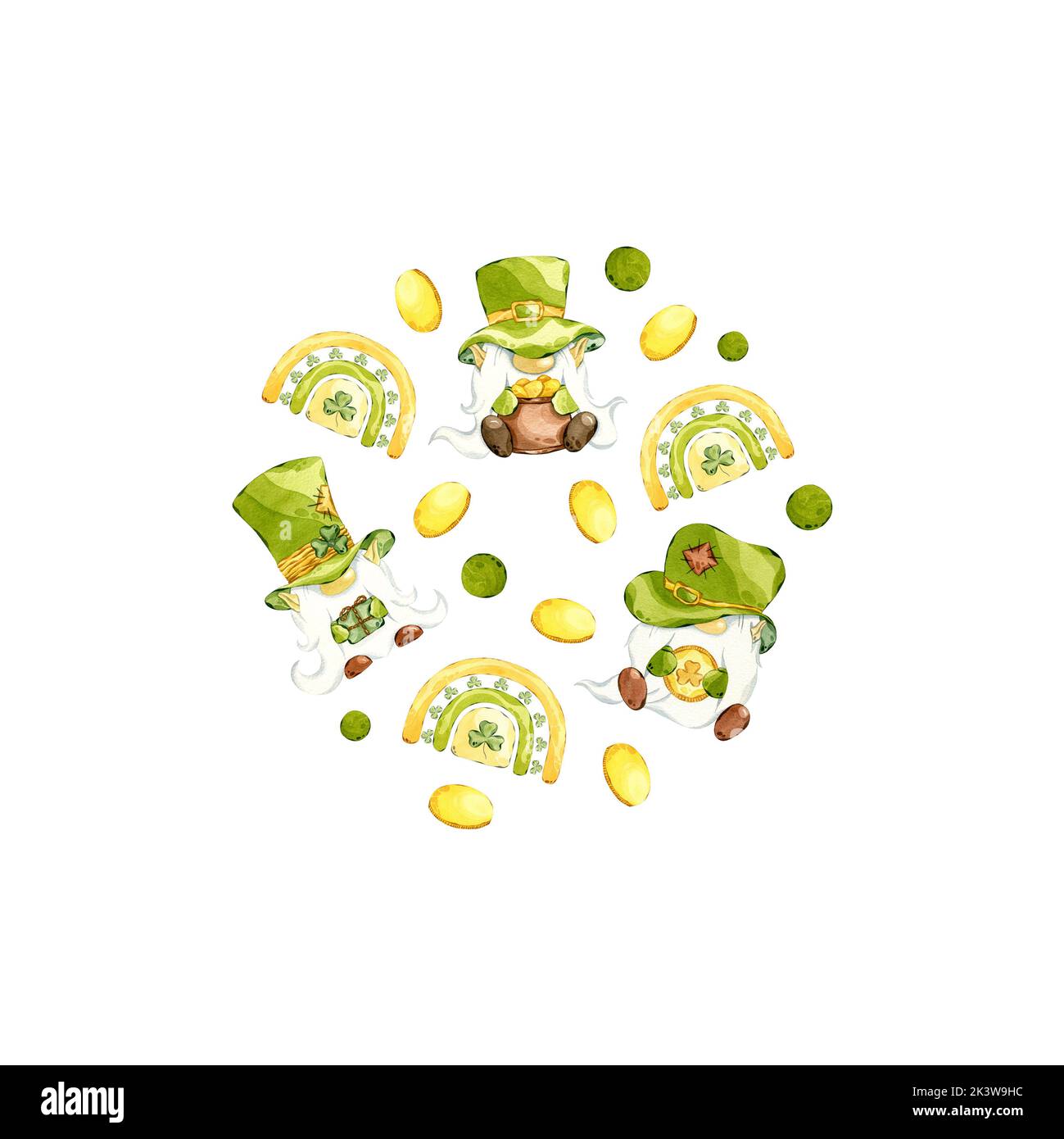 St Patrick's day leprechaun in circle. Watercolor gnomes clipart ...