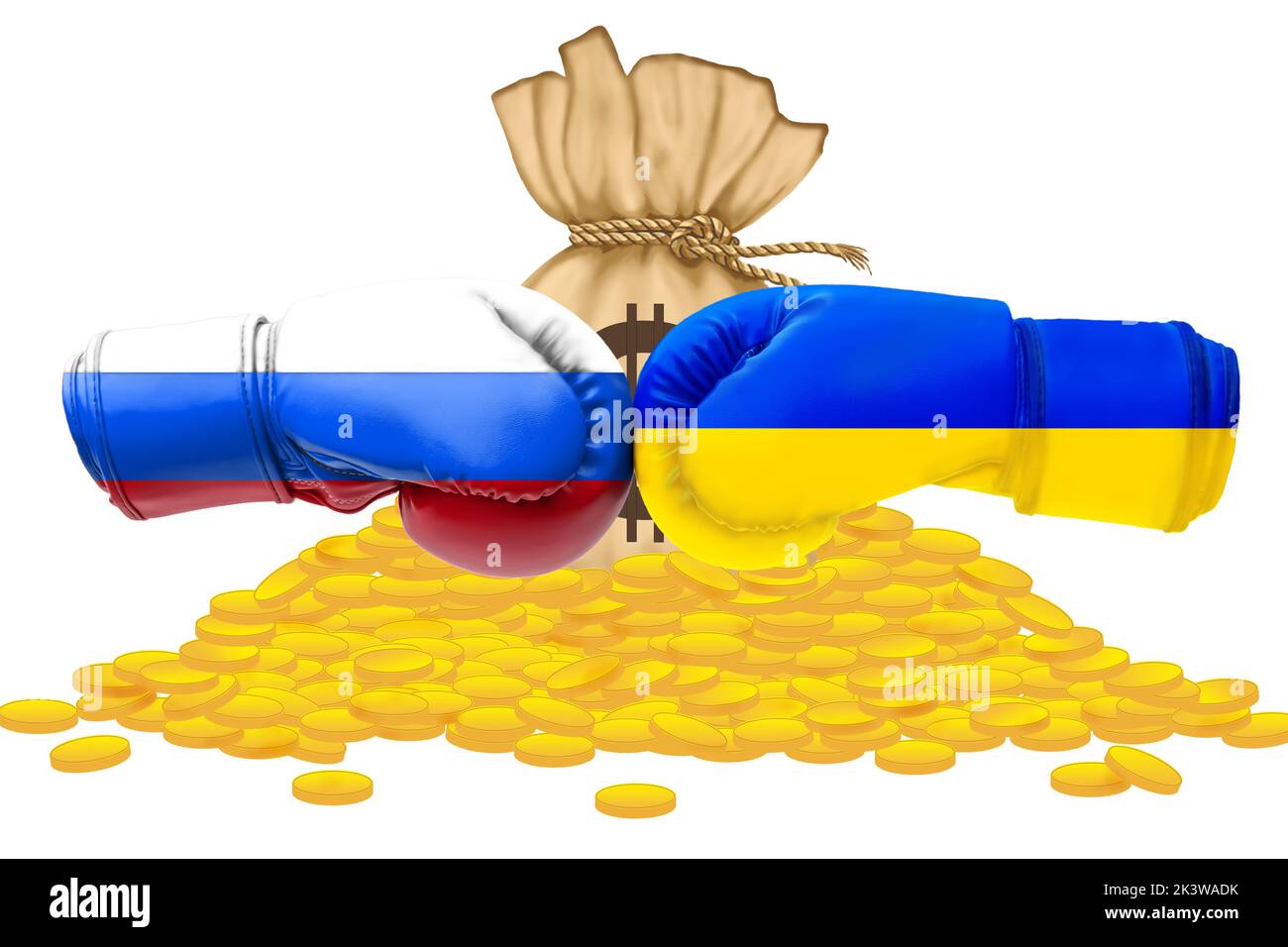3D illustration flags of Russia and Ukraine on pile of gold coins ...