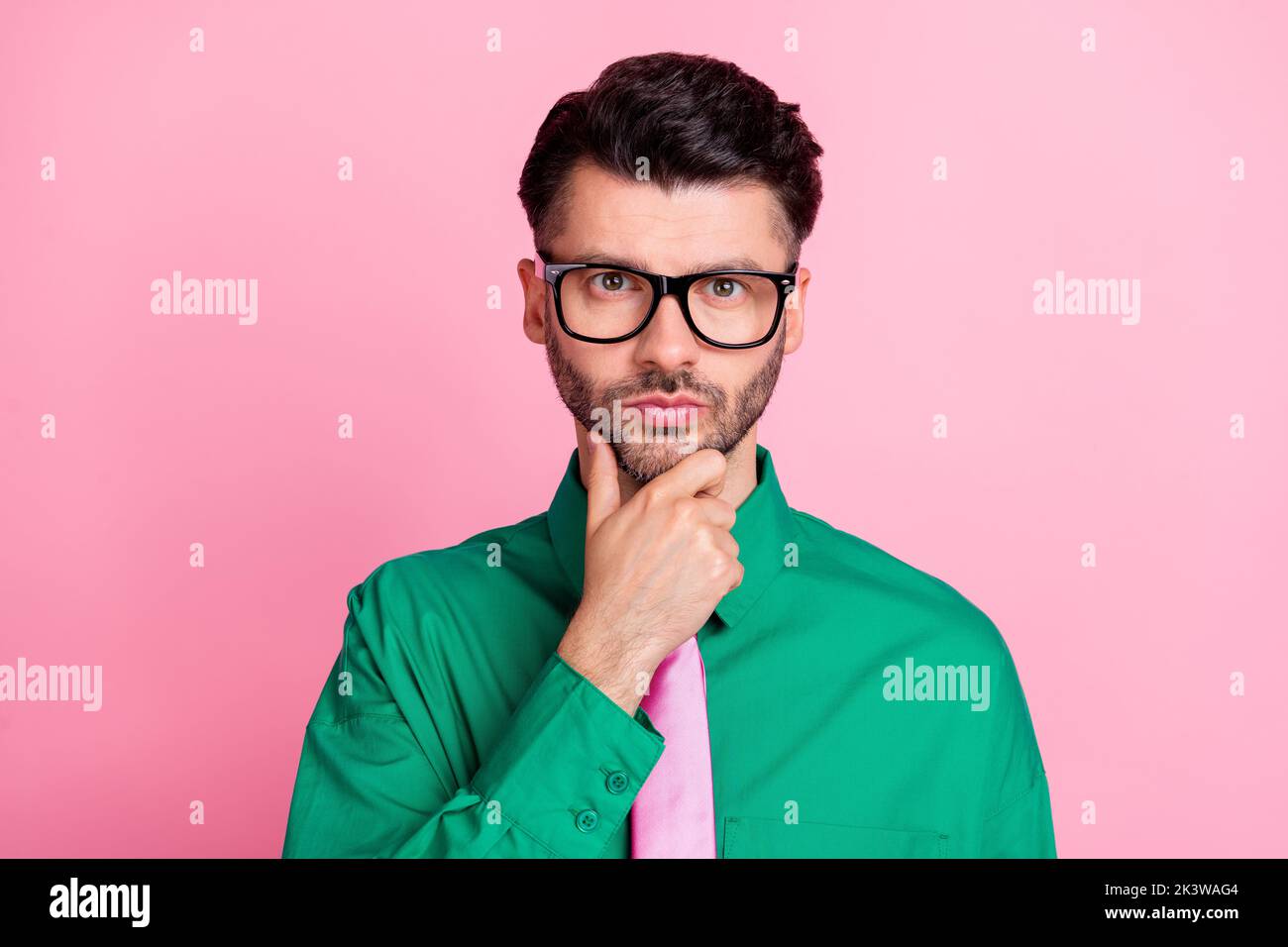 Closeup photo of young serious intelligent guy touch chin thinking ...