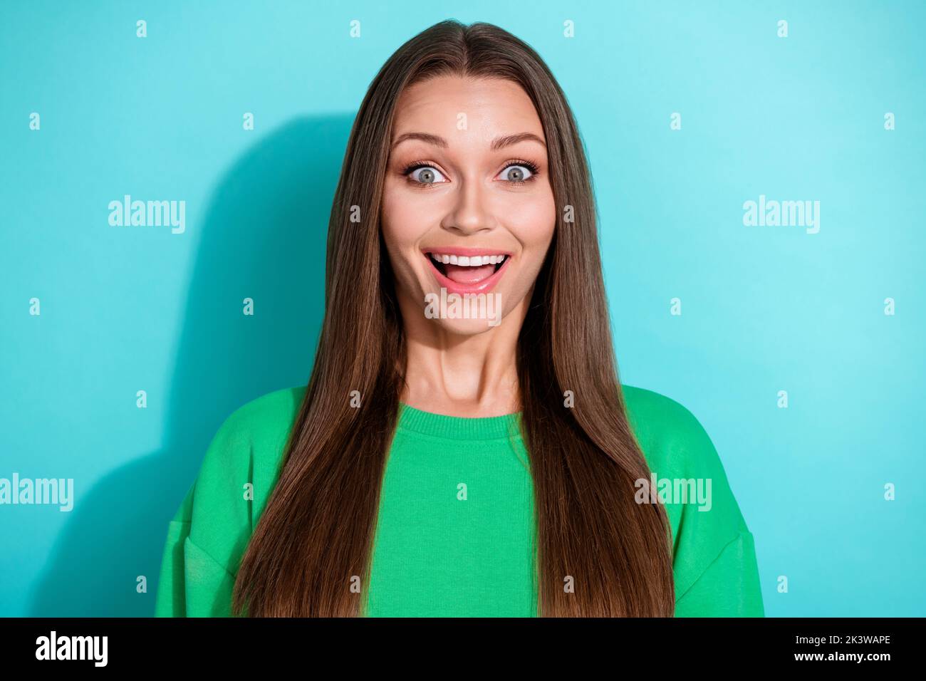 Closeup photo of young attractive funny cute woman surprised looking ...