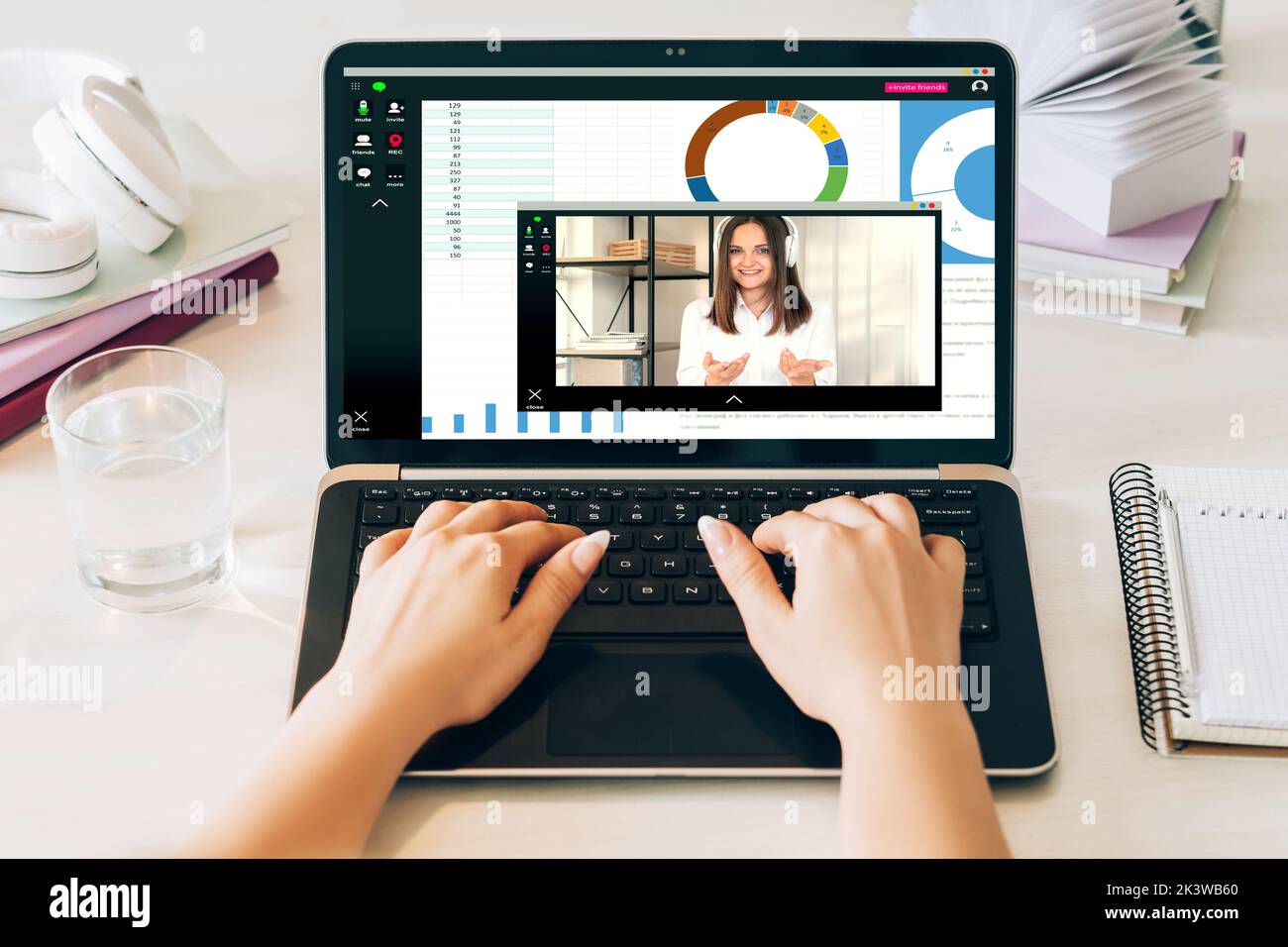 Digital meeting. Online presentation. Video chat. Covid-19 WFH. Woman working from home with ...