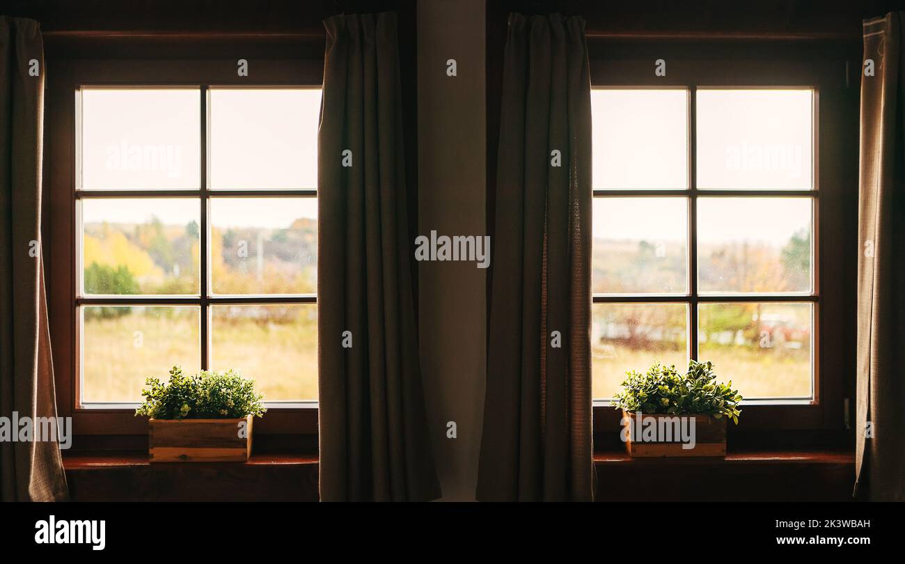 Two country house windows with a windowsill flowers pots showing a ...