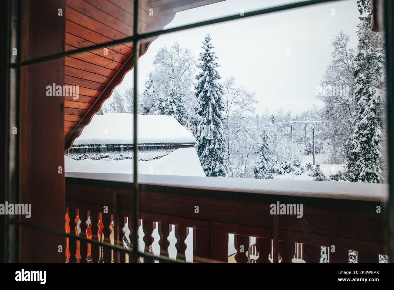 Country house snowy balcony showing a countryside winter landscape ...