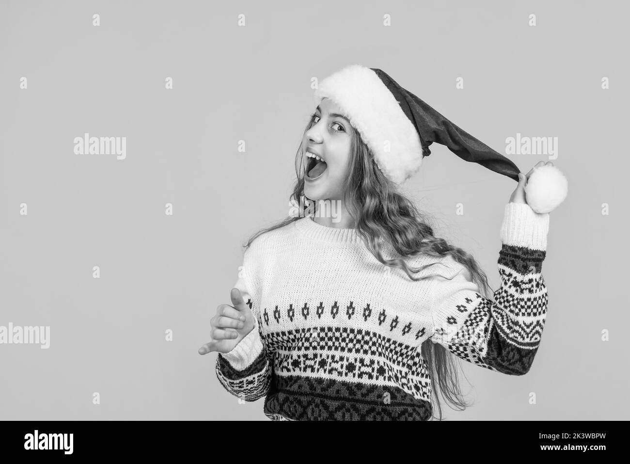 happy new year teen girl wear red santa claus hat feel surprise ...