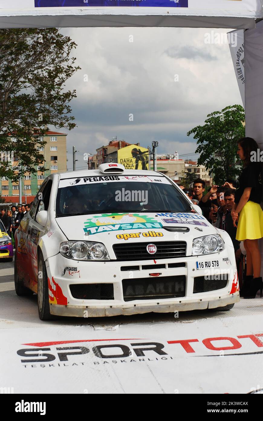 A vertical shot of a decorated show racing car participating at the ...