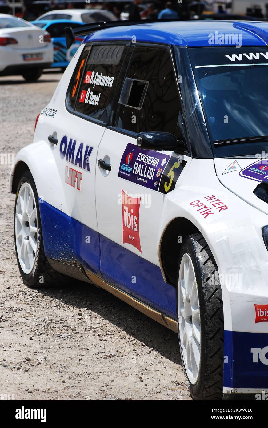 A vertical shot of a decorated show racing car participating at the ...