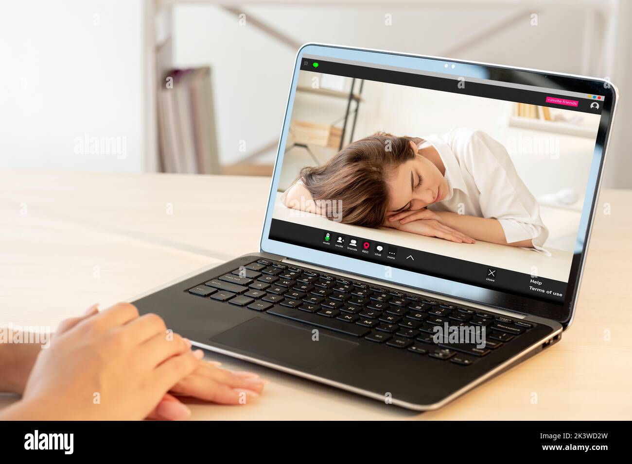 Video chat. Break time. Virtual meeting. Workaholic lifestyle. Lockdown WFH. Tired female ...