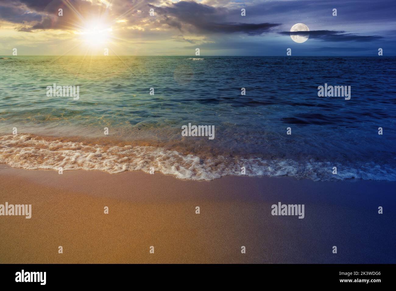 sunny morning scenery at the sea. day and night time change concept ...
